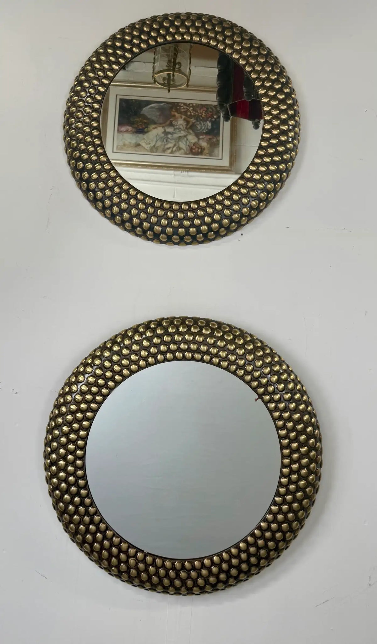 Brutalist Style Round bronze Studded Mirror, Compatible pair