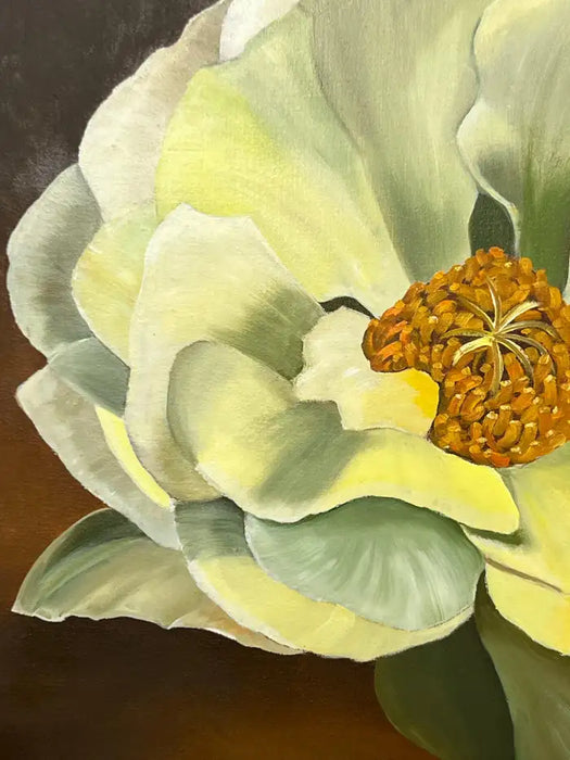 Modern Floral Still Life with White Bloom Oil on Canvas Signed by arti