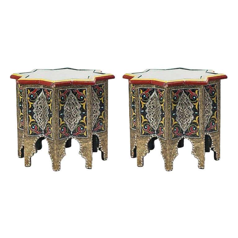 Pair of Hand Painted Star Shaped Black Brass Inlaid Moorish Side Table