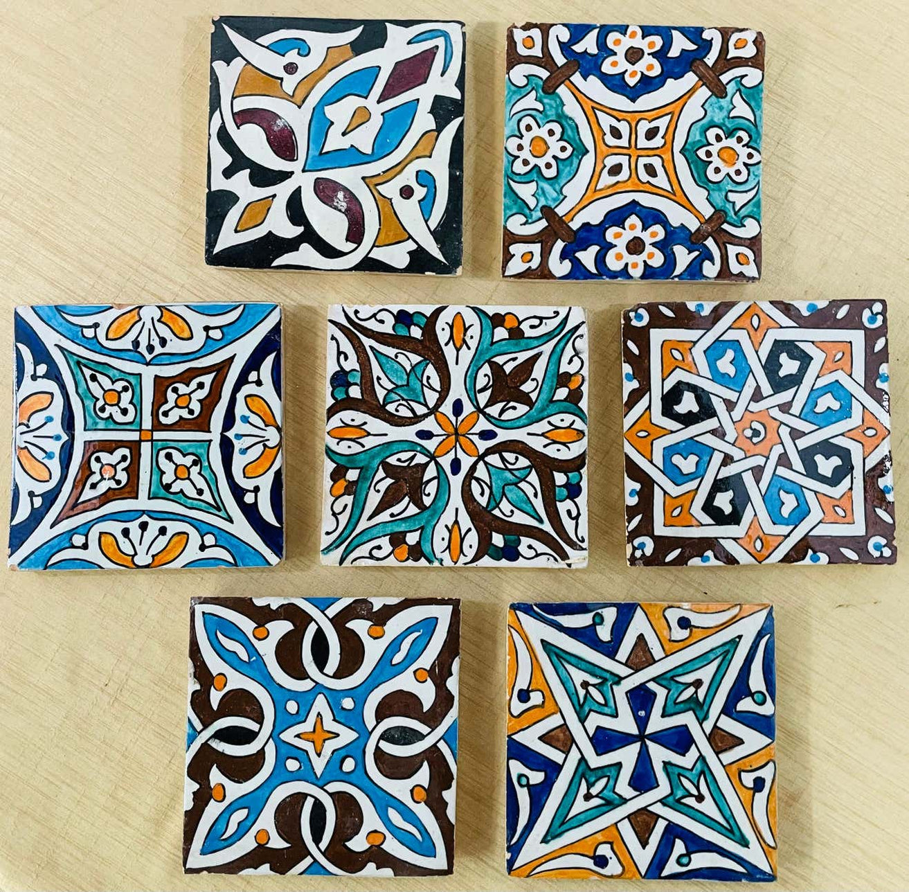 Vintage Hand Painted Ceramic Square Coasters or Decorative Tiles, Set
