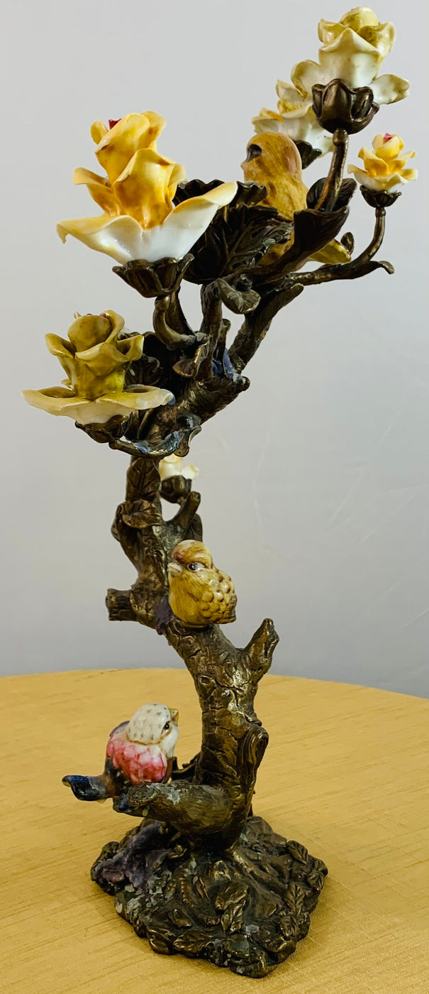 Bronze Tree with Birds and Flowers Candleholder or Candelabra, a Pair