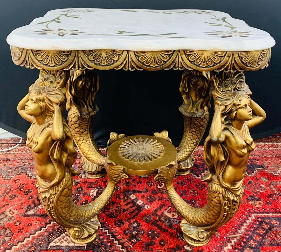 Monumental Brass Myth Mermaid Sculptural & Marble Top Side or End Tabl