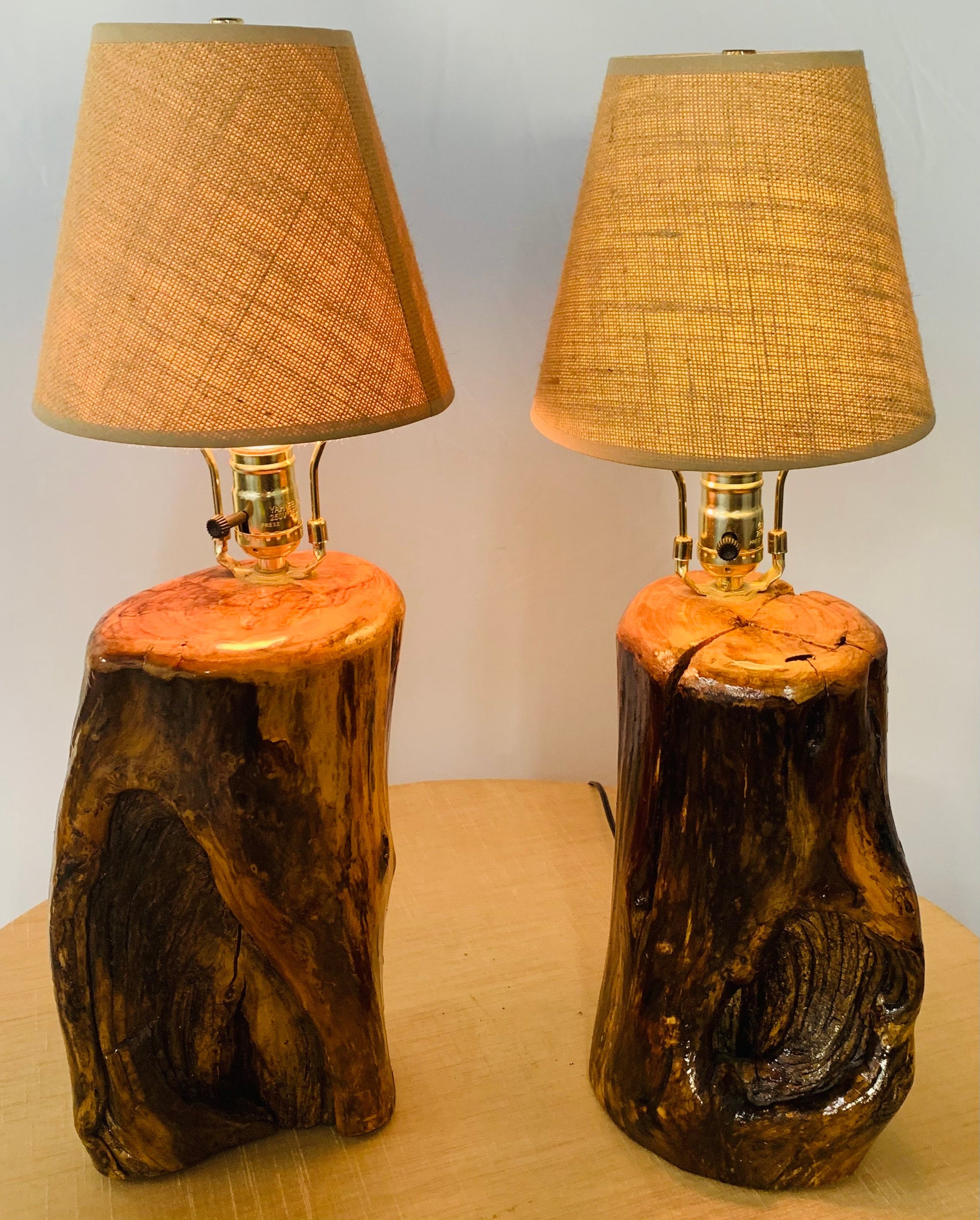 Organic Modern Design Maple Wood Table Lamps, a Pair