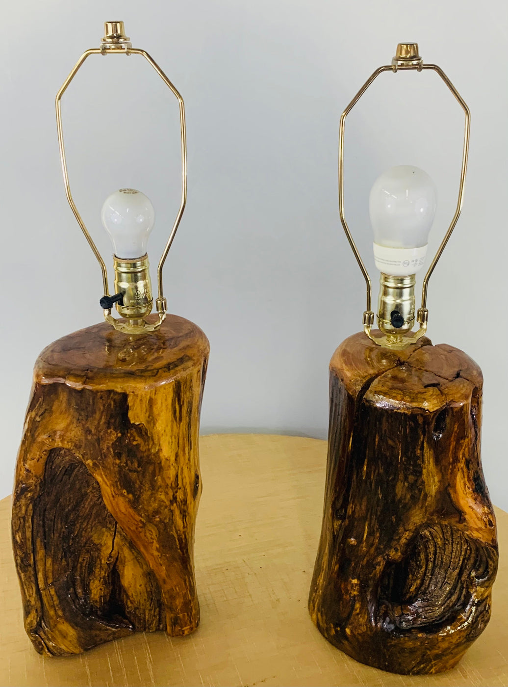 Organic Modern Design Maple Wood Table Lamps, a Pair