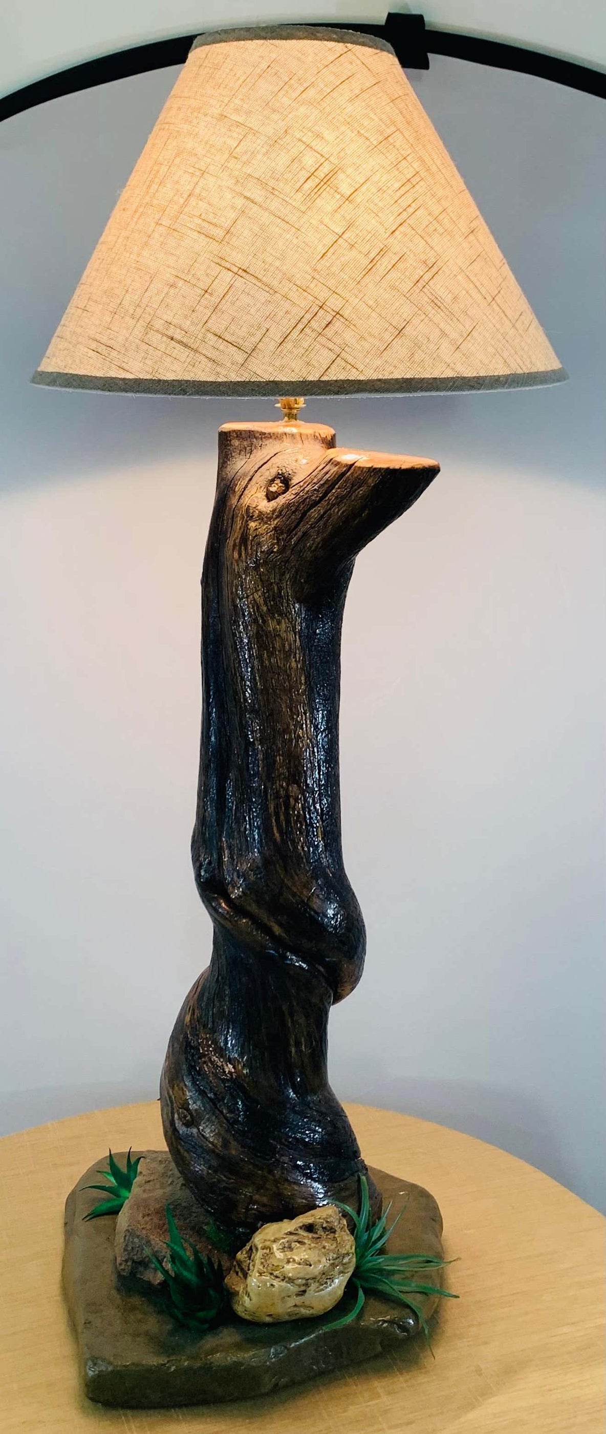 Organic Modern Rustic Tree Trunk Shaped Table Lamp on a Stone Base