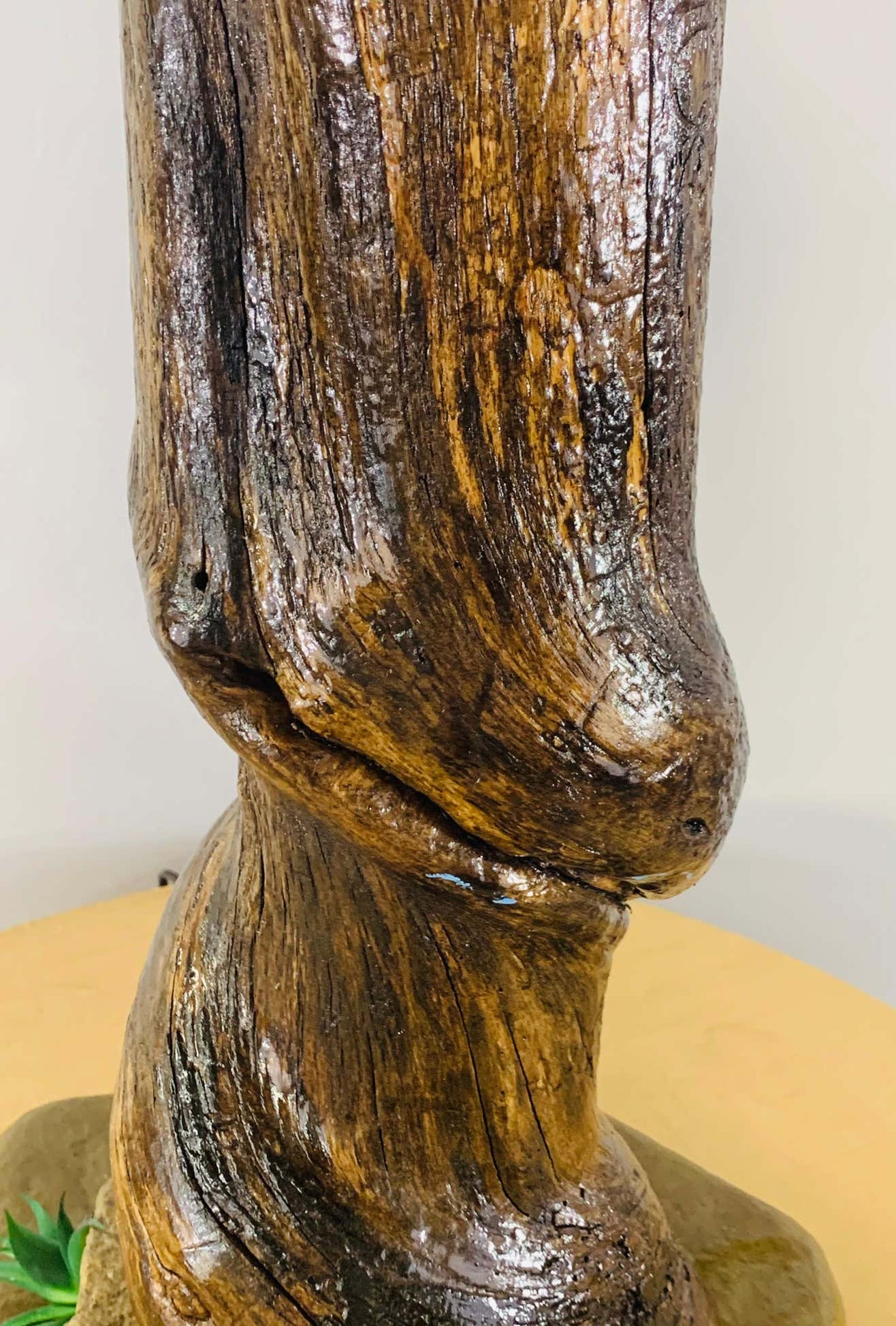 Organic Modern Rustic Tree Trunk Shaped Table Lamp on a Stone Base