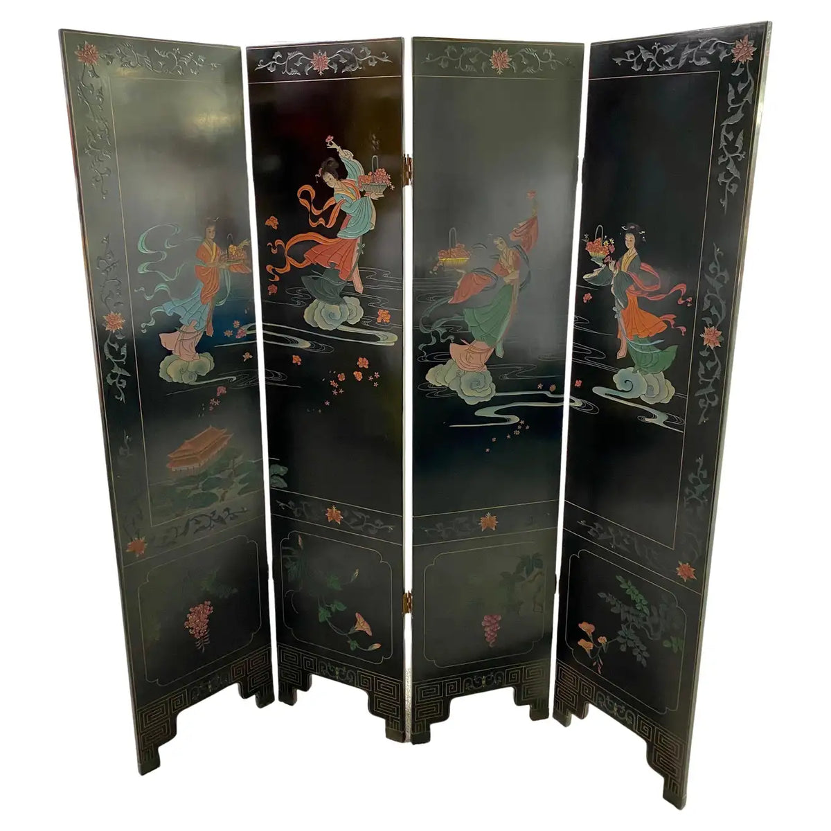 Japanese Asian Black Lacquered 4 Panel Room Divider or Screen with Wom